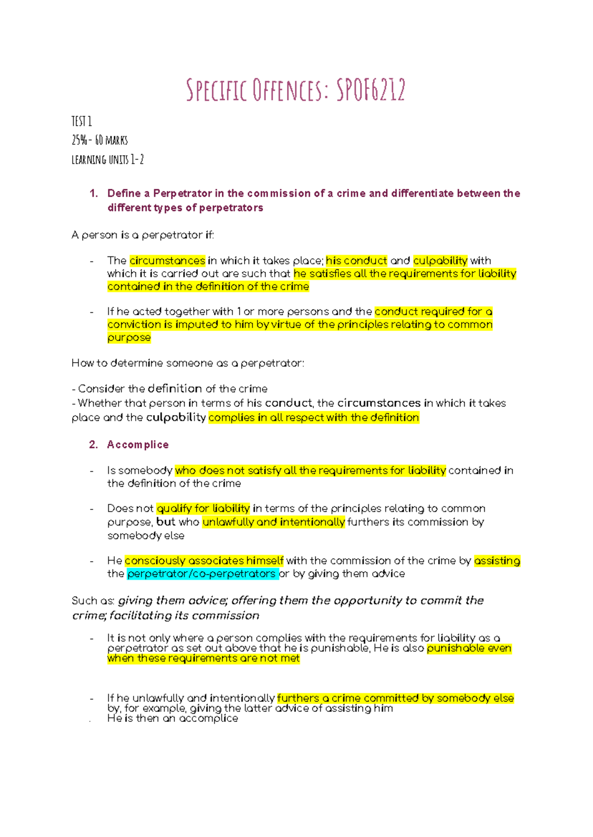 specific offences notes - Specific Oences: SPOF TEST 1 25%- 60 marks ...