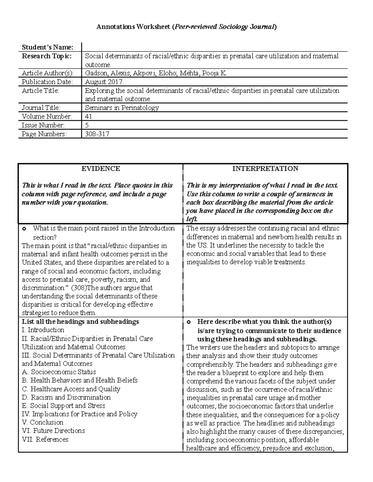 Annotate Worksheet - Peer-Reviewed Sociology Journal article - Student ...