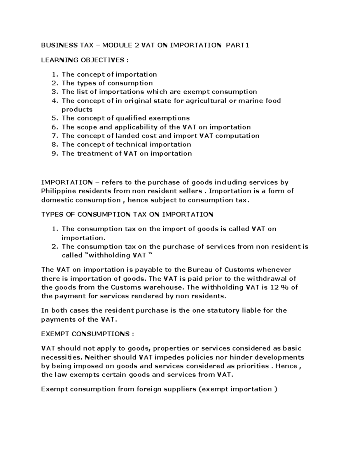 Business TAX MOD2 VAT ON Importation - BUSINESS TAX – MODULE 2 VAT ON IMPORTATION PART LEARNING ...