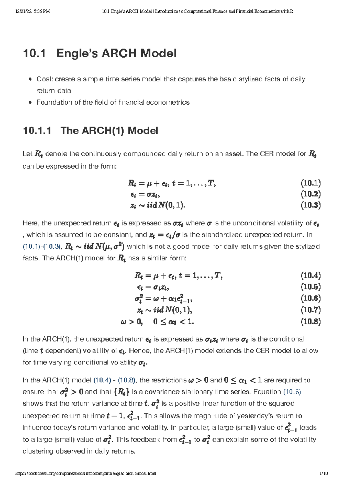 10 1 Engle S Arch Model Introduction To Computational Finance And
