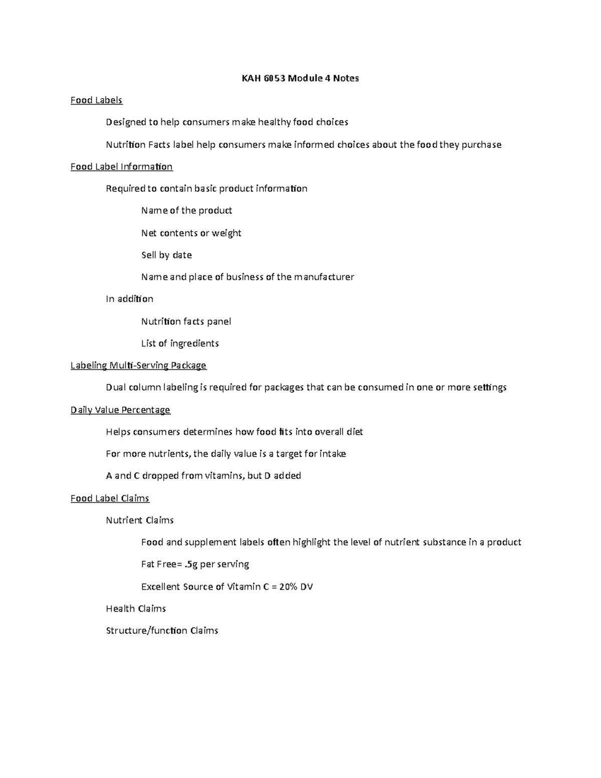 KAH 6053 Module 4 Notes - KAH 6053 Module 4 Notes Food Labels Designed ...