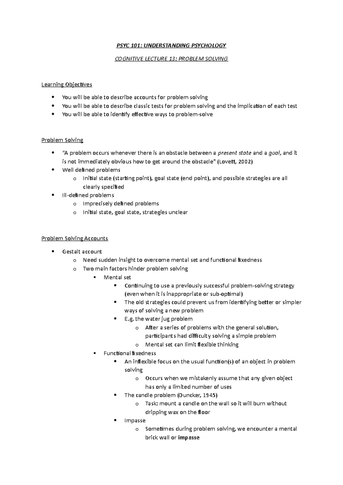 Cognitive Lecture 13 Problem Solving Psyc 101 Understanding Psychology Cognitive Lecture 13