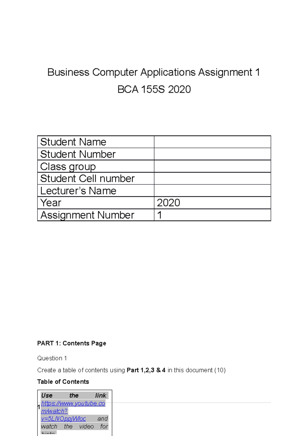 Study pack 1 BCA 155 Assignment 1 2020 thami 217161308 - Business ...