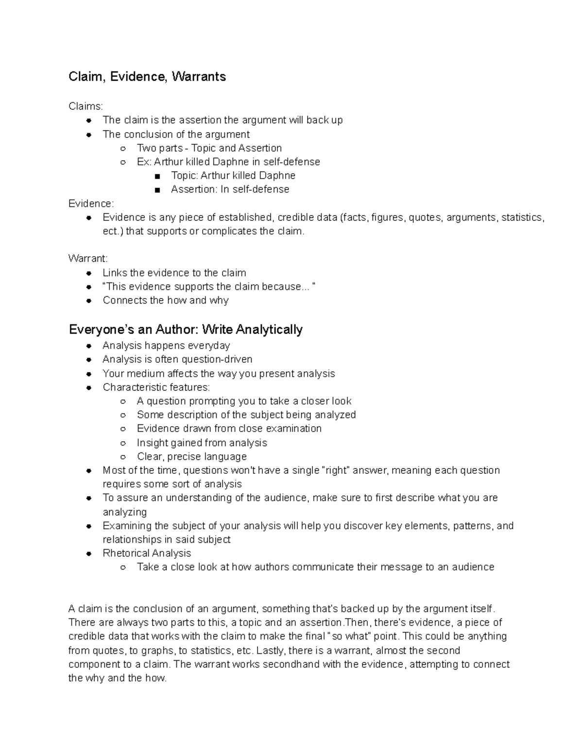 First Year Seminar Notes - Monster Mash - Claim, Evidence, Warrants ...