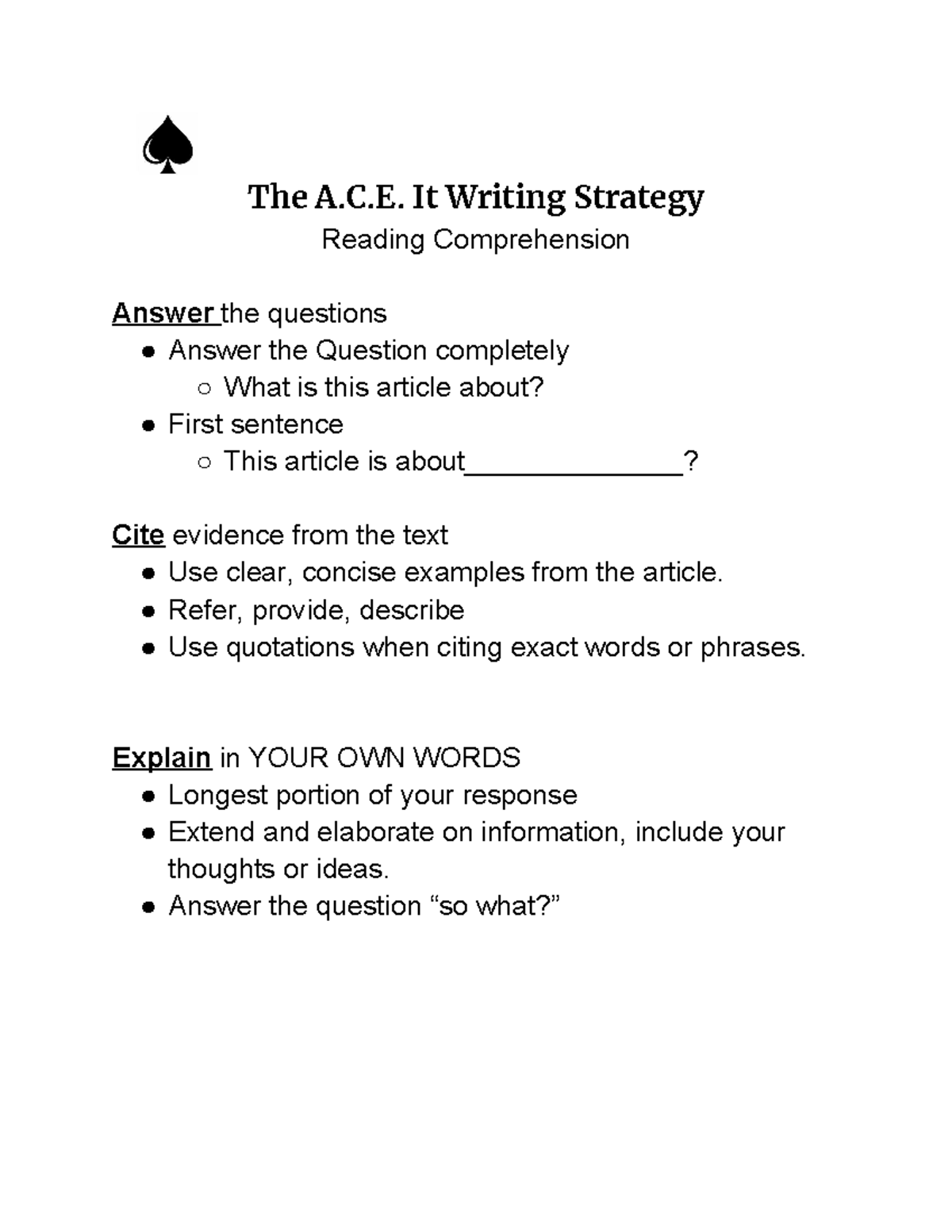 Ace It Writing Assignment - The A.C. It Writing Strategy Reading ...