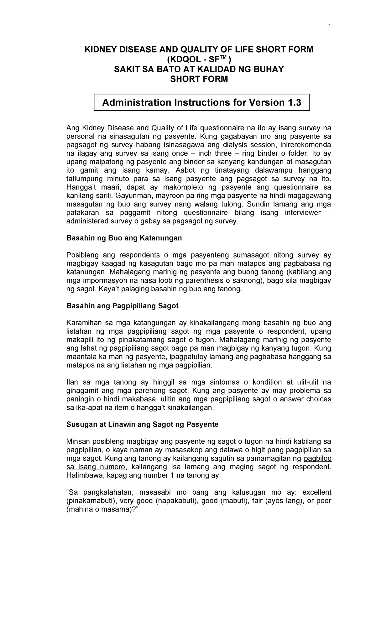 Filipino Kdqol - RESEARCH - KIDNEY DISEASE AND QUALITY OF LIFE SHORT ...