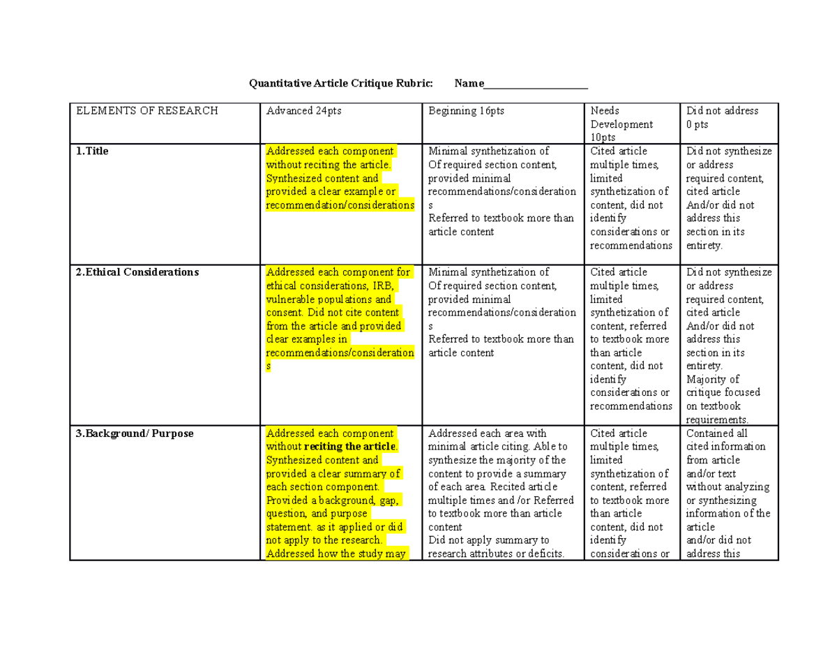Critique rubric for draft 3 - Quantitative Article Critique Rubric ...