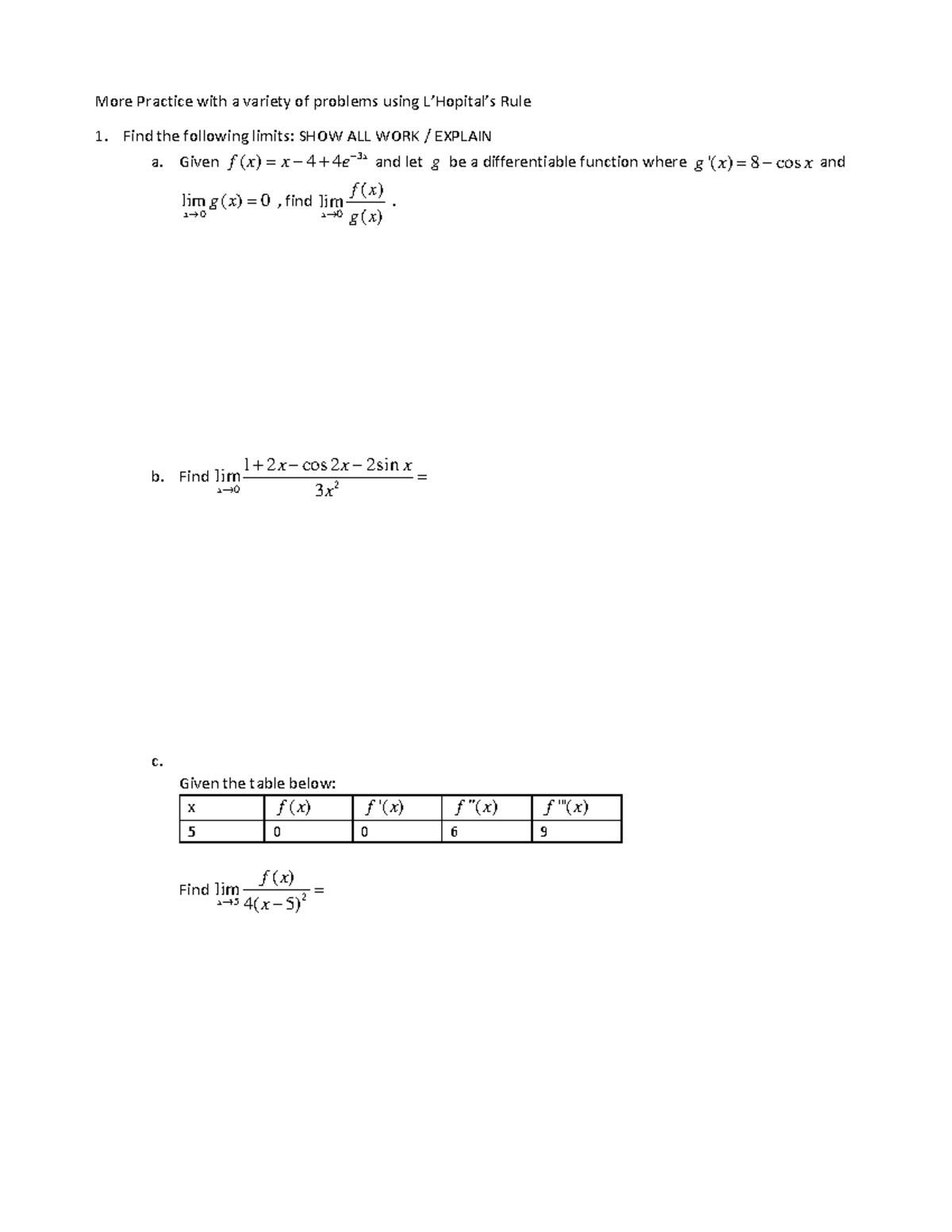 Chapter 3 lesson 6 L Hopitals rule practice - More Practice with a ...