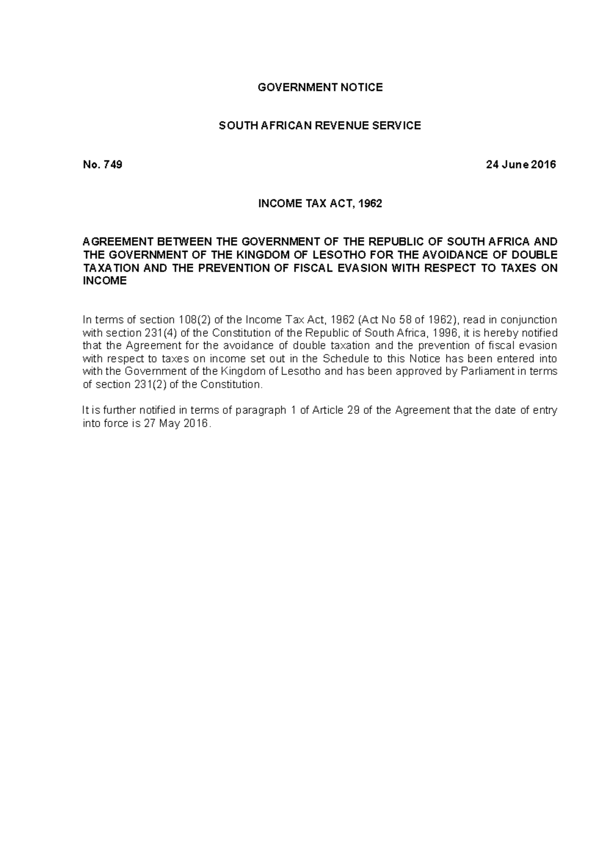 LAPD Int A DTA 2016 02 DTA Lesotho GG 40088 - GOVERNMENT NOTICE SOUTH ...