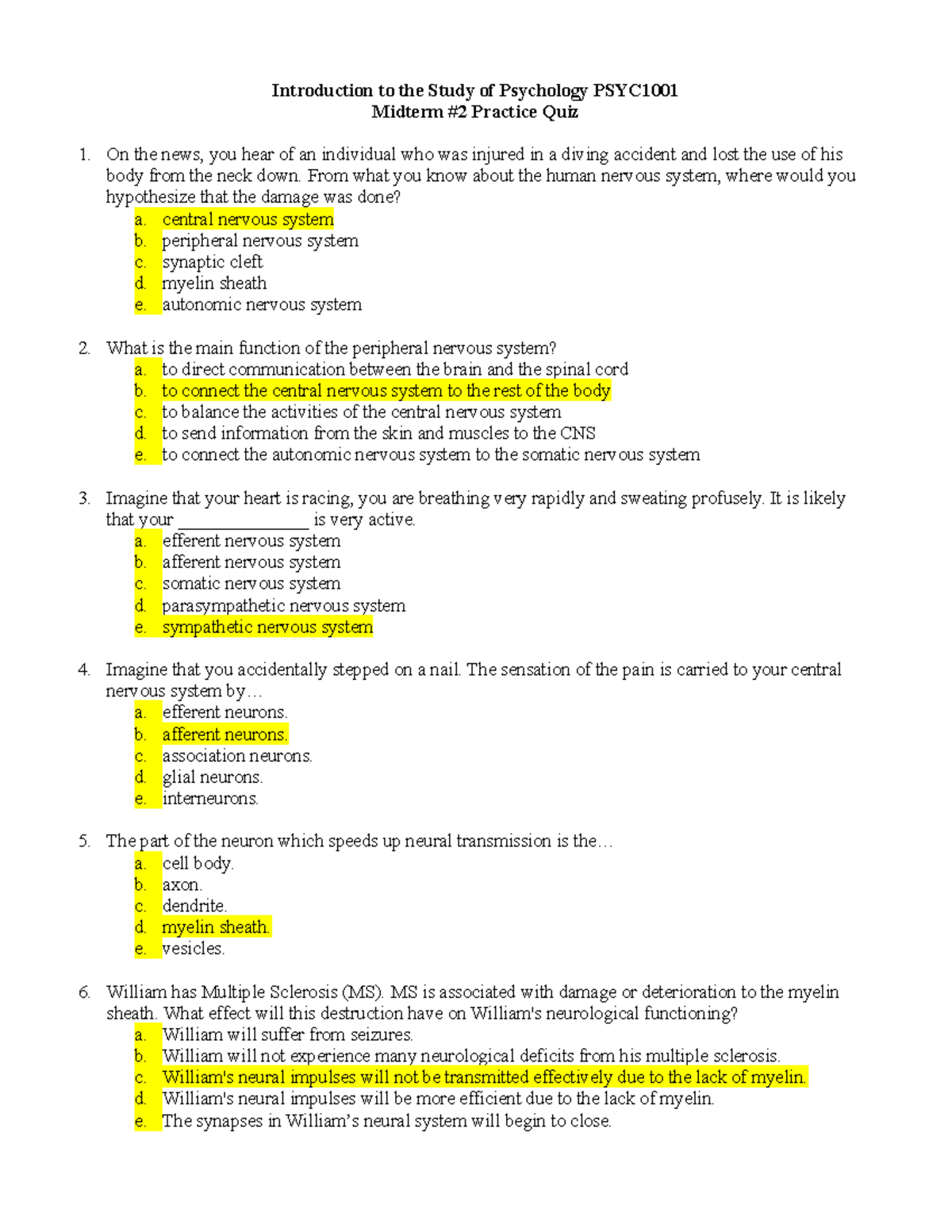 Psyc 1001 Midterm 2, practice - Introduction to the Study of Psychology PSYC Midterm #2 Practice ...