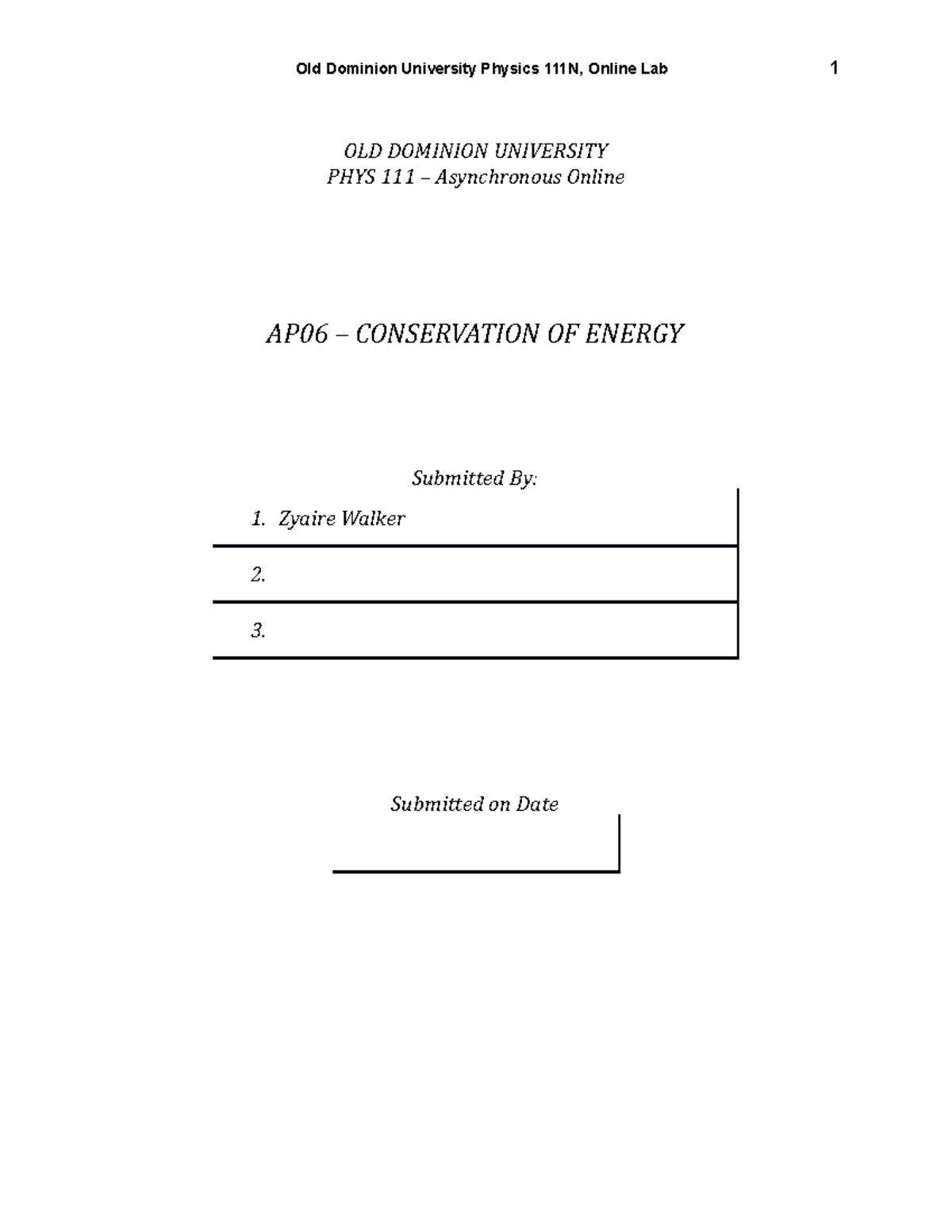 AP06 Conservation of Energy - Old Dominion University Physics 111N ...