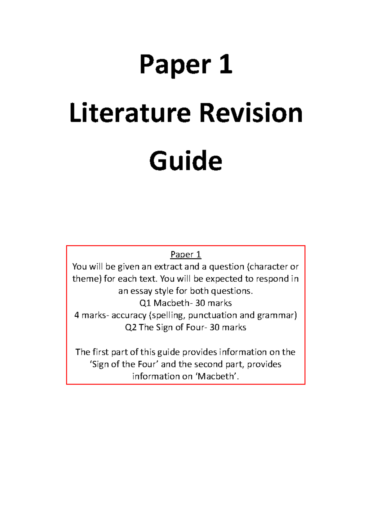 Literature Paper 1 Revision Guide - Paper 1 Literature Revision Guide ...