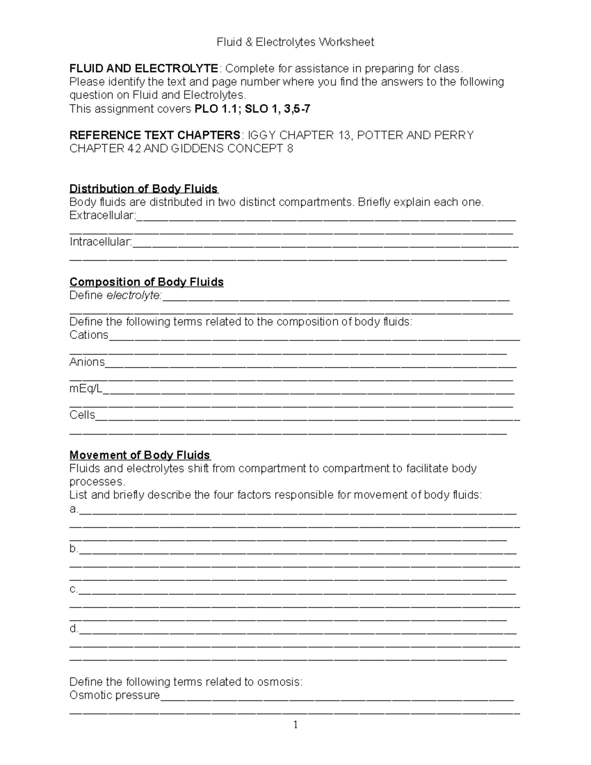 Fall 2021 Fluid and Electrolyte - Fluid & Electrolytes Worksheet FLUID ...