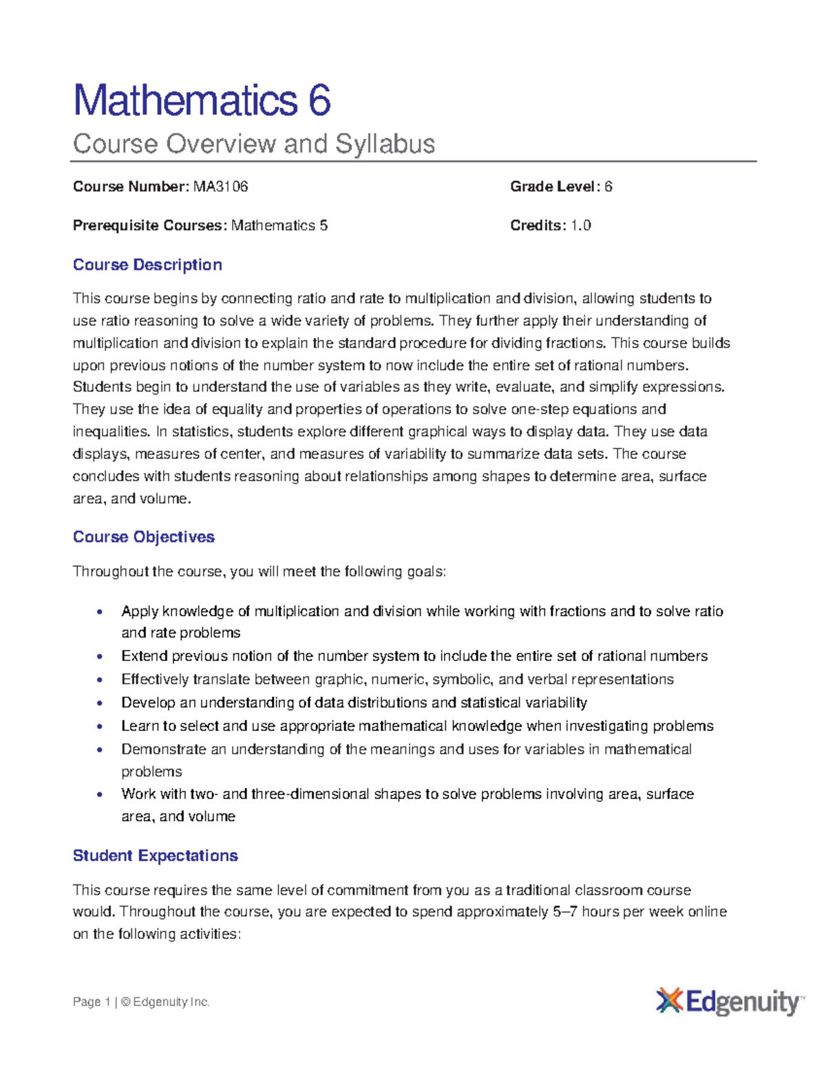Math 6 Syllabus 6th Grade Math MA1098 - Page 1 | © Edgenuity Inc ...