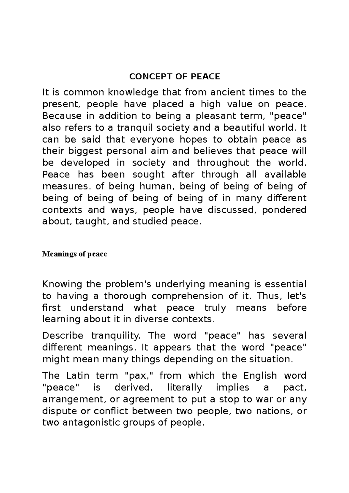 Concept OF Peace - notes - CONCEPT OF PEACE It is common knowledge that ...