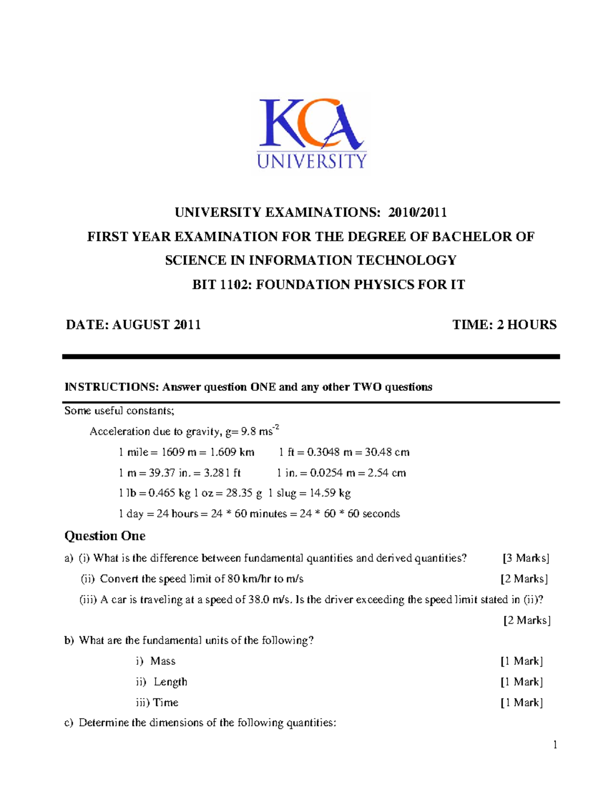 BIT 1102 Foundation Physics FOR IT - UNIVERSITY EXAMINATIONS: 2010 ...