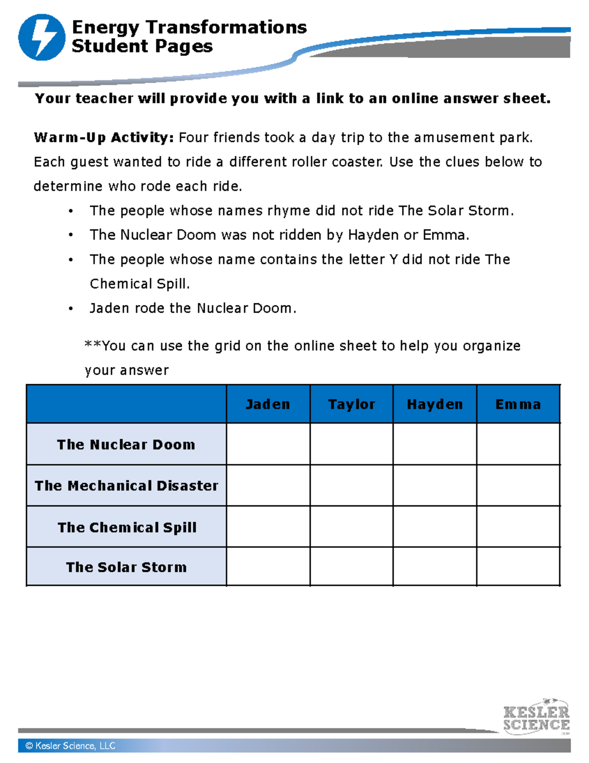 Energy Transformations Student Version for use with Google Form - Warm ...