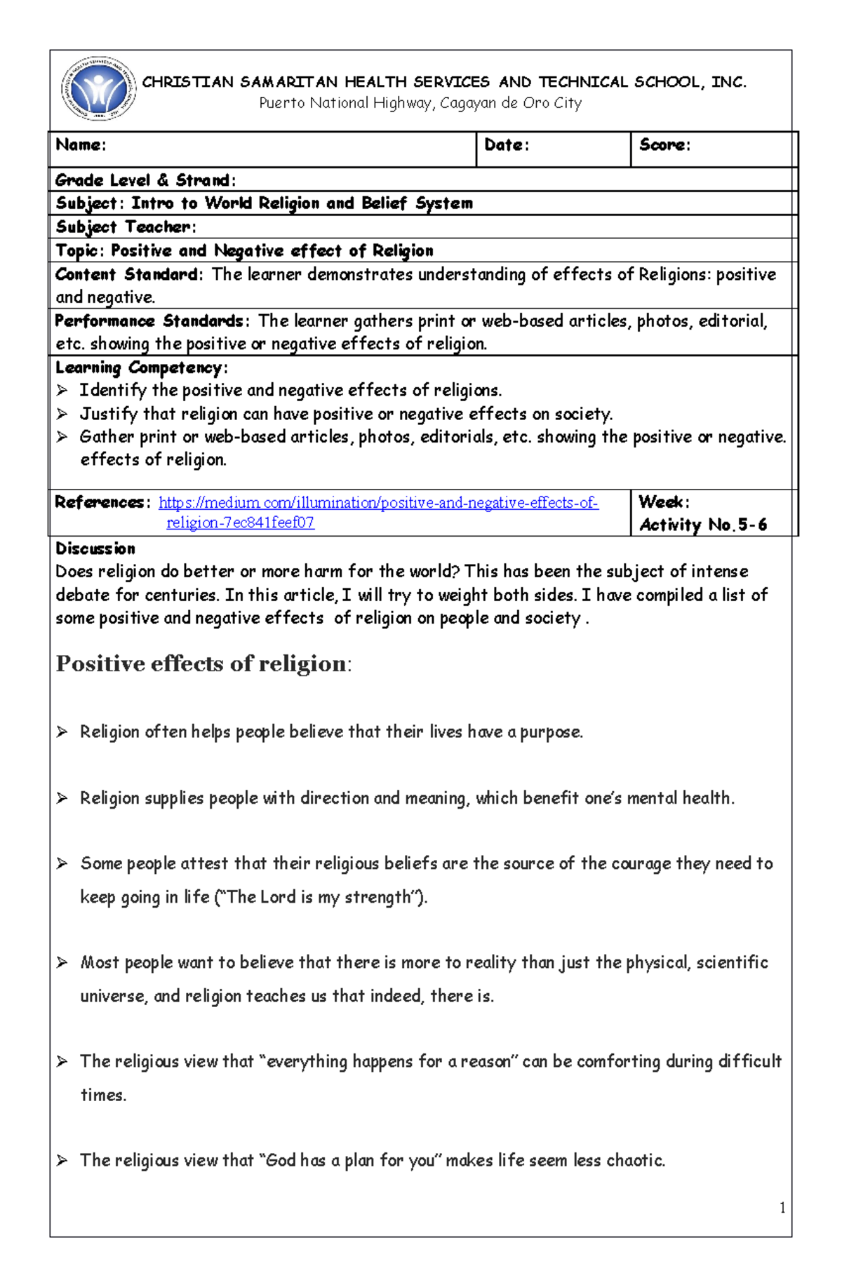 Intro World Religion W 5-6 - CHRISTIAN SAMARITAN HEALTH SERVICES AND ...