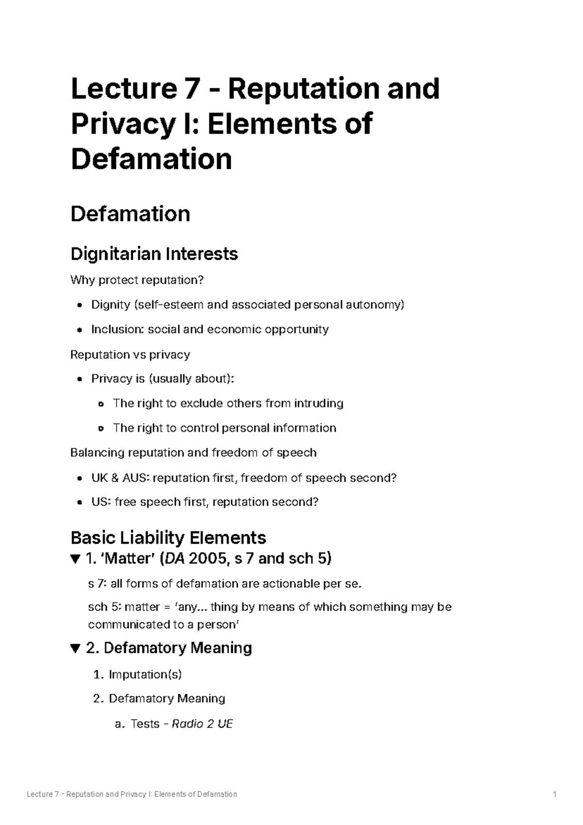 Defamation Lecture Notes - Lecture 7 - Reputation and Privacy I ...