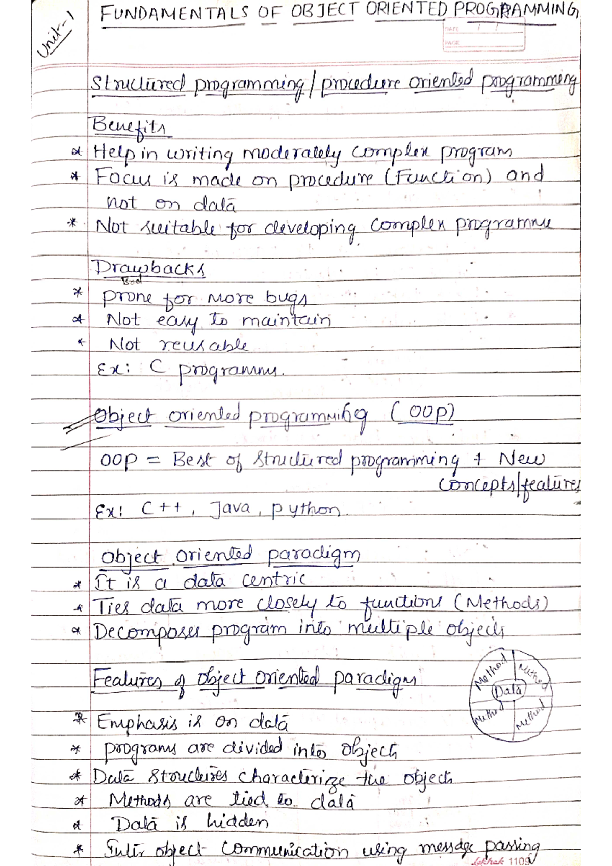 OOPS-unit1 - Hello guys - FUNDAMENTALS OF OBJECT ORIENTED PROGRAMMING Unive DATE PAGE Structured ...
