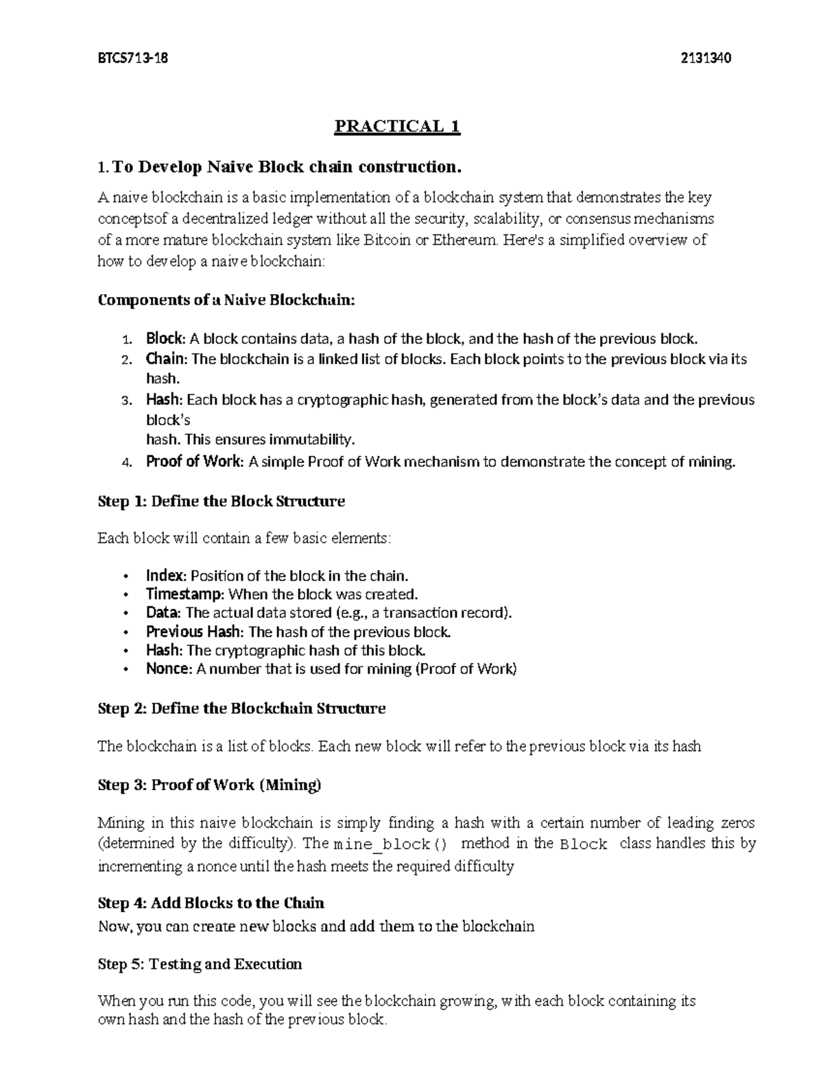 BC file - BlockChain Lab File - PRACTICAL 1 1. To Develop Naive Block ...