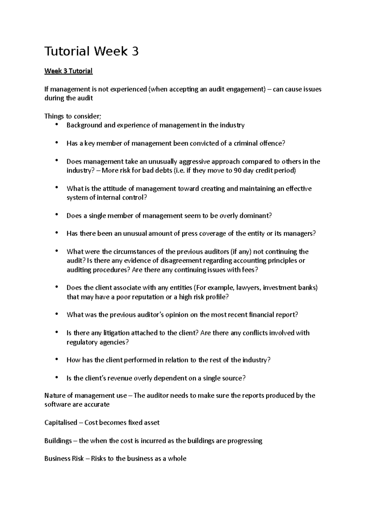 Accg3040 week 3 - Tutorial Week 3 Week 3 Tutorial If management is not experienced (when ...