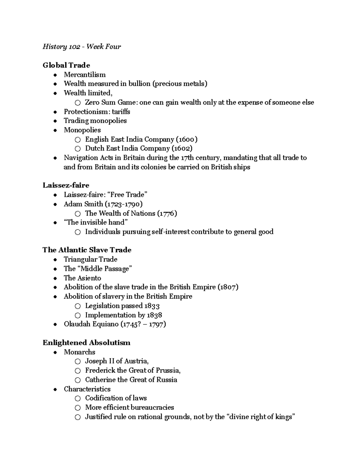 History 102 Week 4 Notes - History 102 - Week Four Global Trade ...