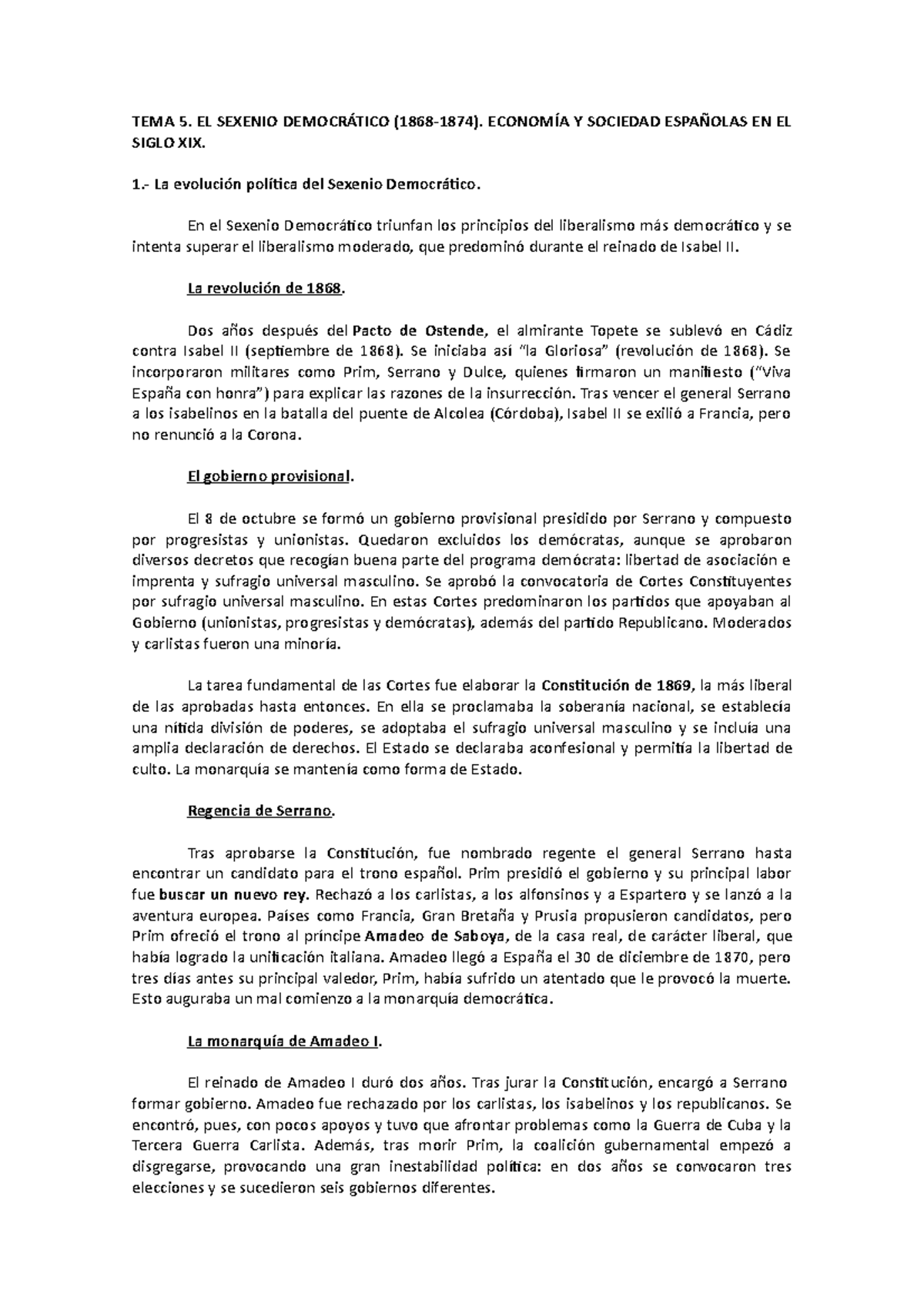 TEMA 5 Historia de España - El Sexenio Democrático - TEMA 5. EL SEXENIO DEMOCRÁTICO (1868-1874 ...