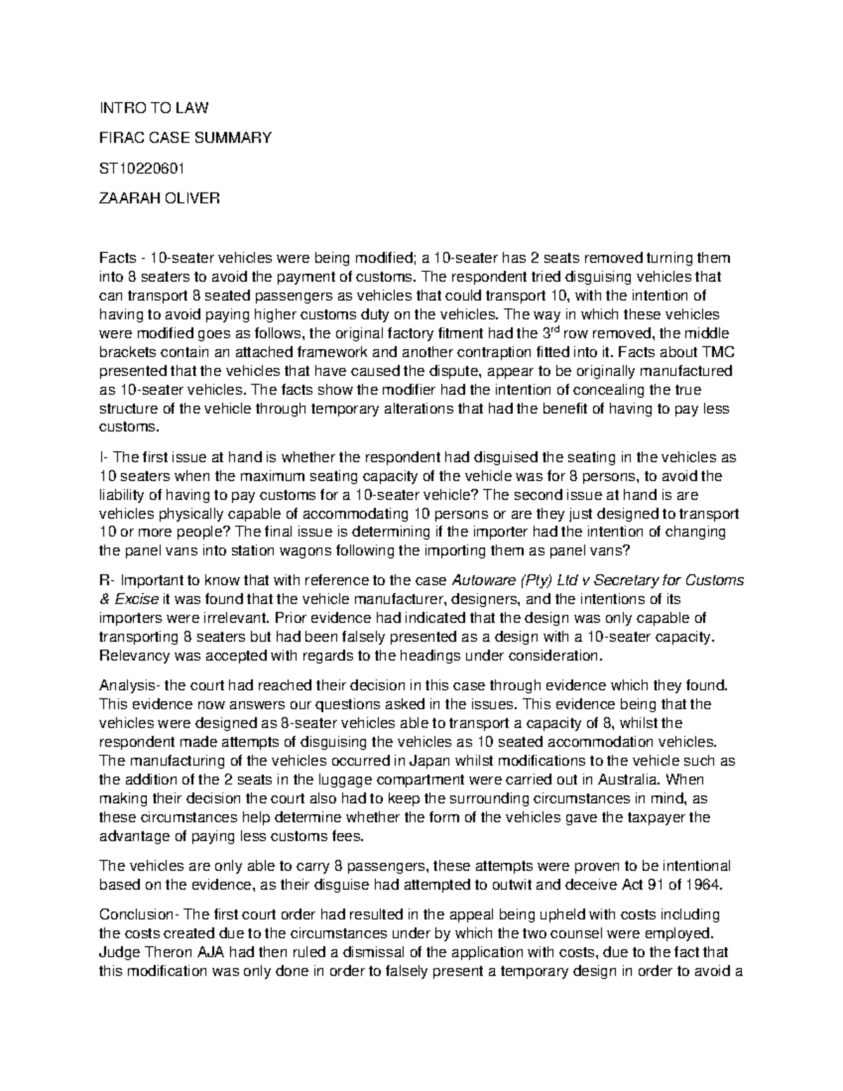 INFL Firac Summary ST10220601 - INTRO TO LAW FIRAC CASE SUMMARY ST ...