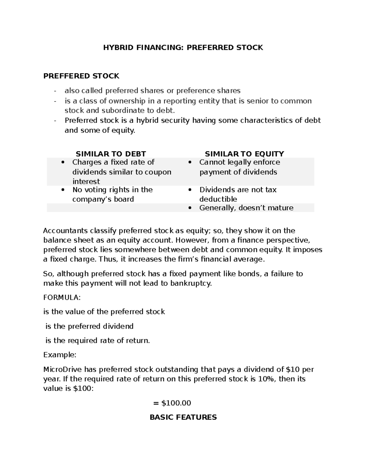 Hybrid Financing Report Summary - HYBRID FINANCING: PREFERRED STOCK PREFFERED STOCK also called ...