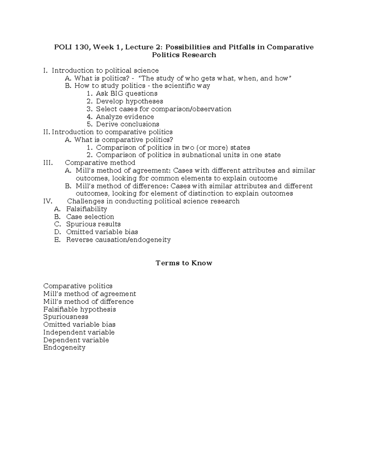 POLI130-2 - poli 130 lecture handout - POLI 130, Week 1, Lecture 2: Possibilities and Pitfalls ...