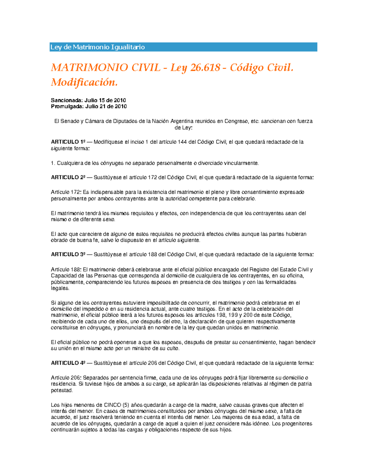 LEY 26.618 Matrimonio Igualitario - Derecho Familiar - Siglo 21 - Studocu