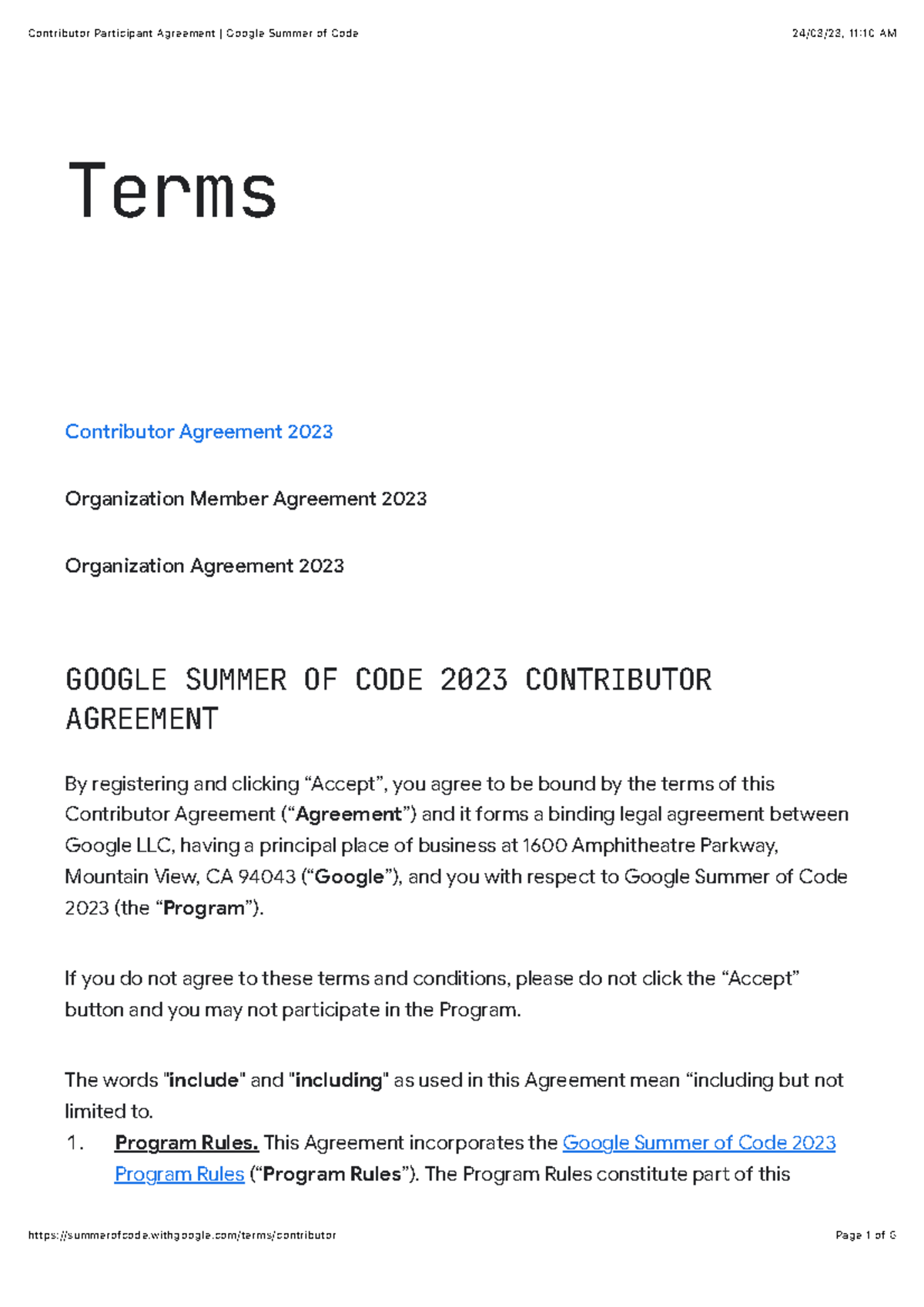 Contributor Participant Agreement Google Summer of Code - Terms GOOGLE SUMMER OF CODE 2 0 23 ...