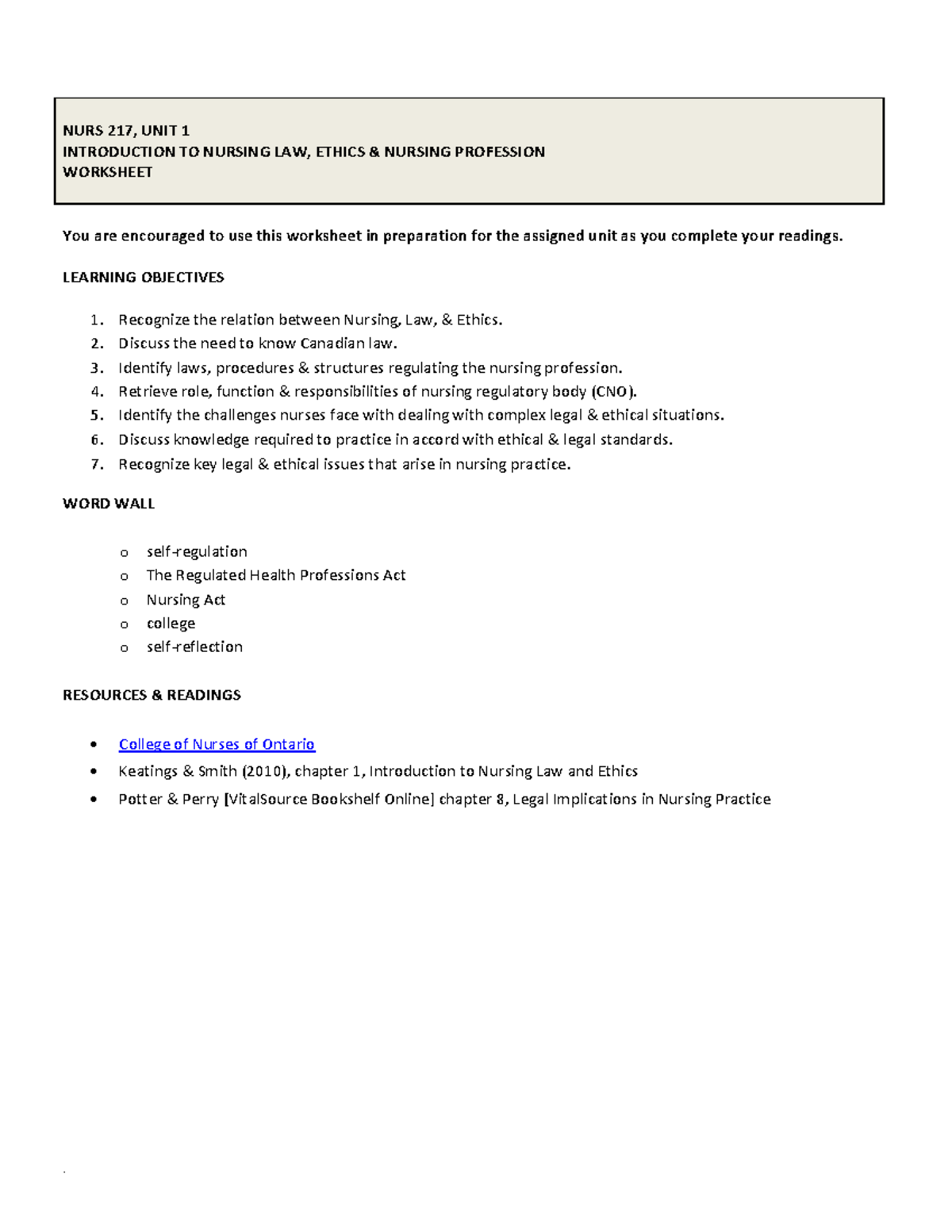 Unit 1A- Worksheet - notes - . NURS 217, UNIT 1 INTRODUCTION TO NURSING ...