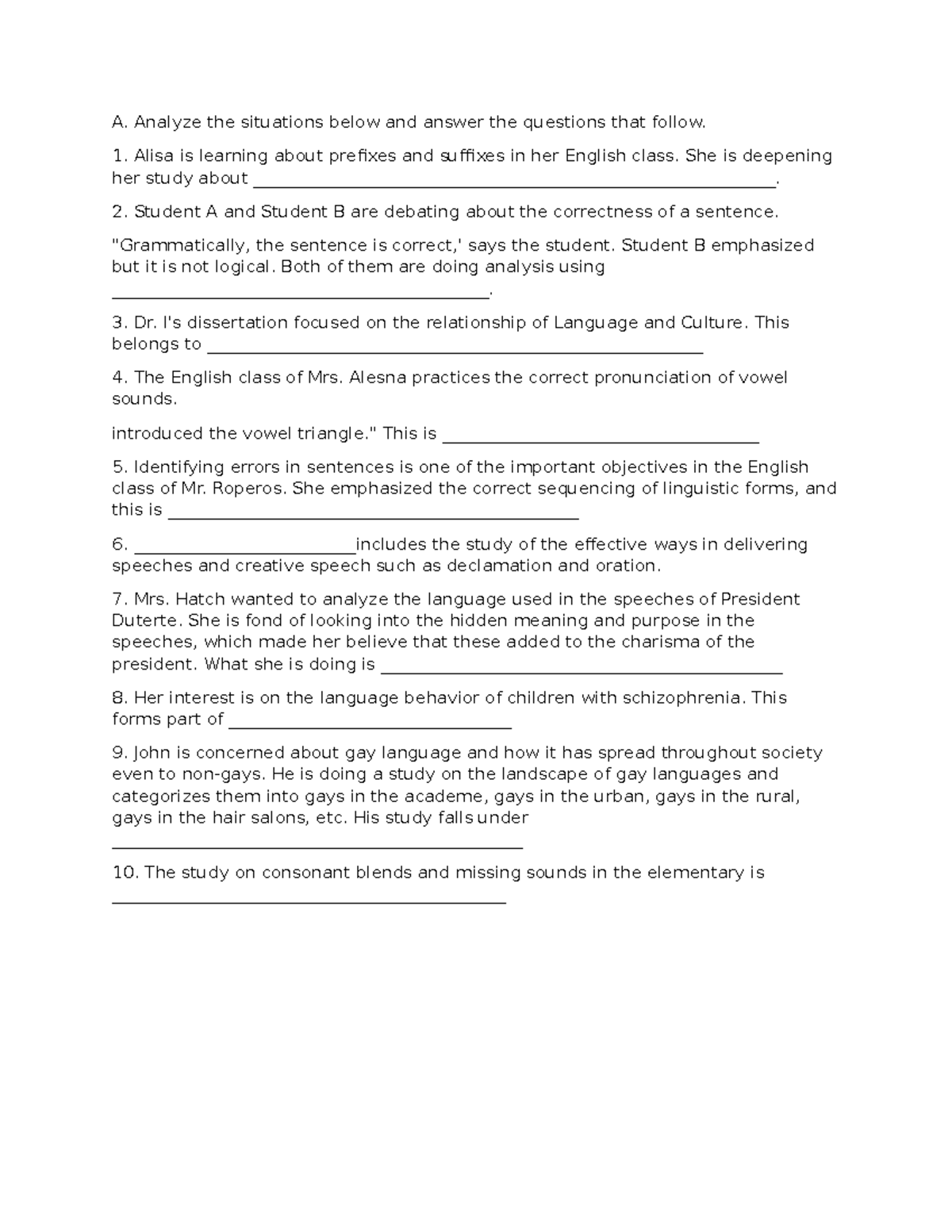 Activity for LCS - notes - A. Analyze the situations below and answer ...