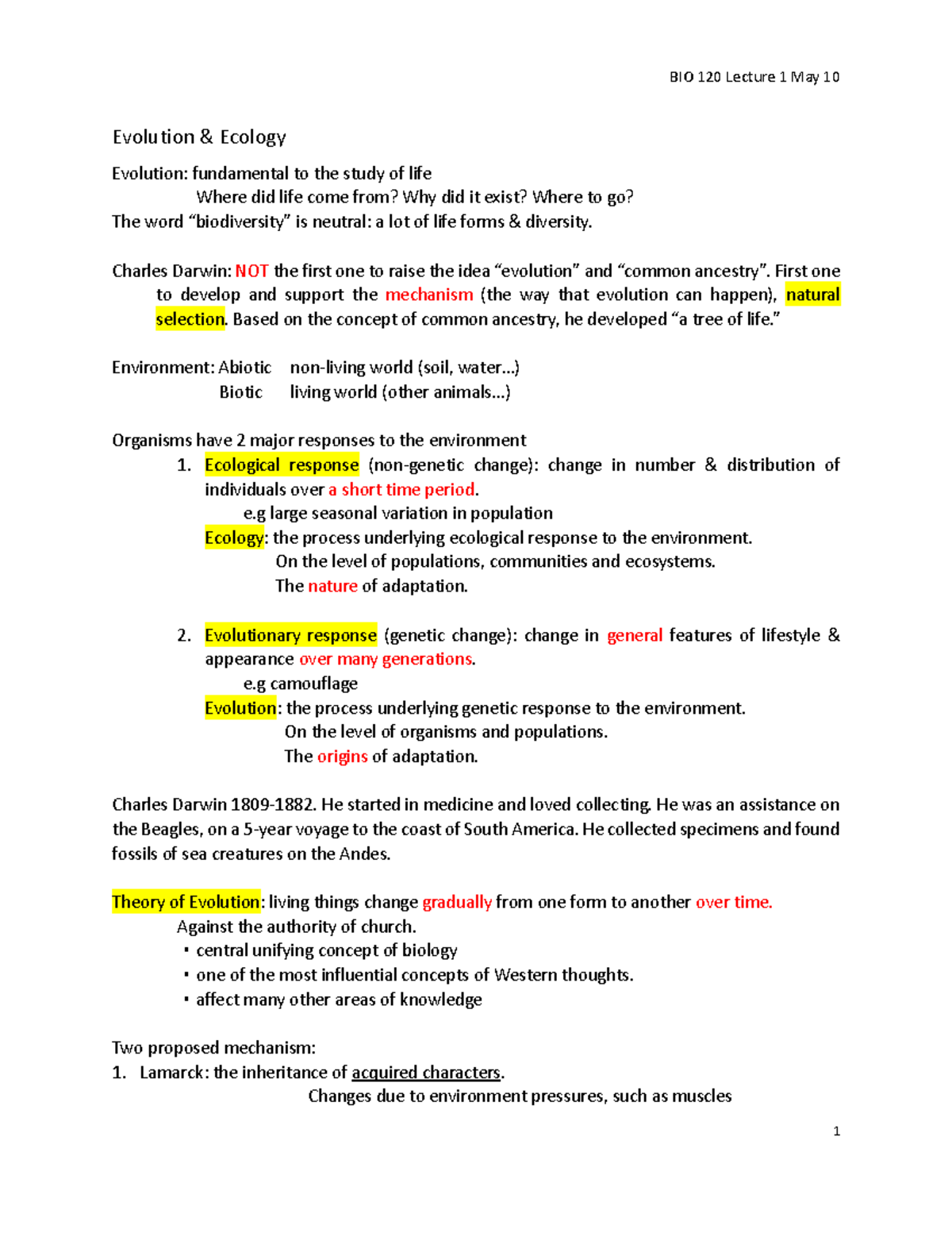 Lecture notes, lectures 1-11 - BIO 120 Lecture 1 May 10 Evolution ...