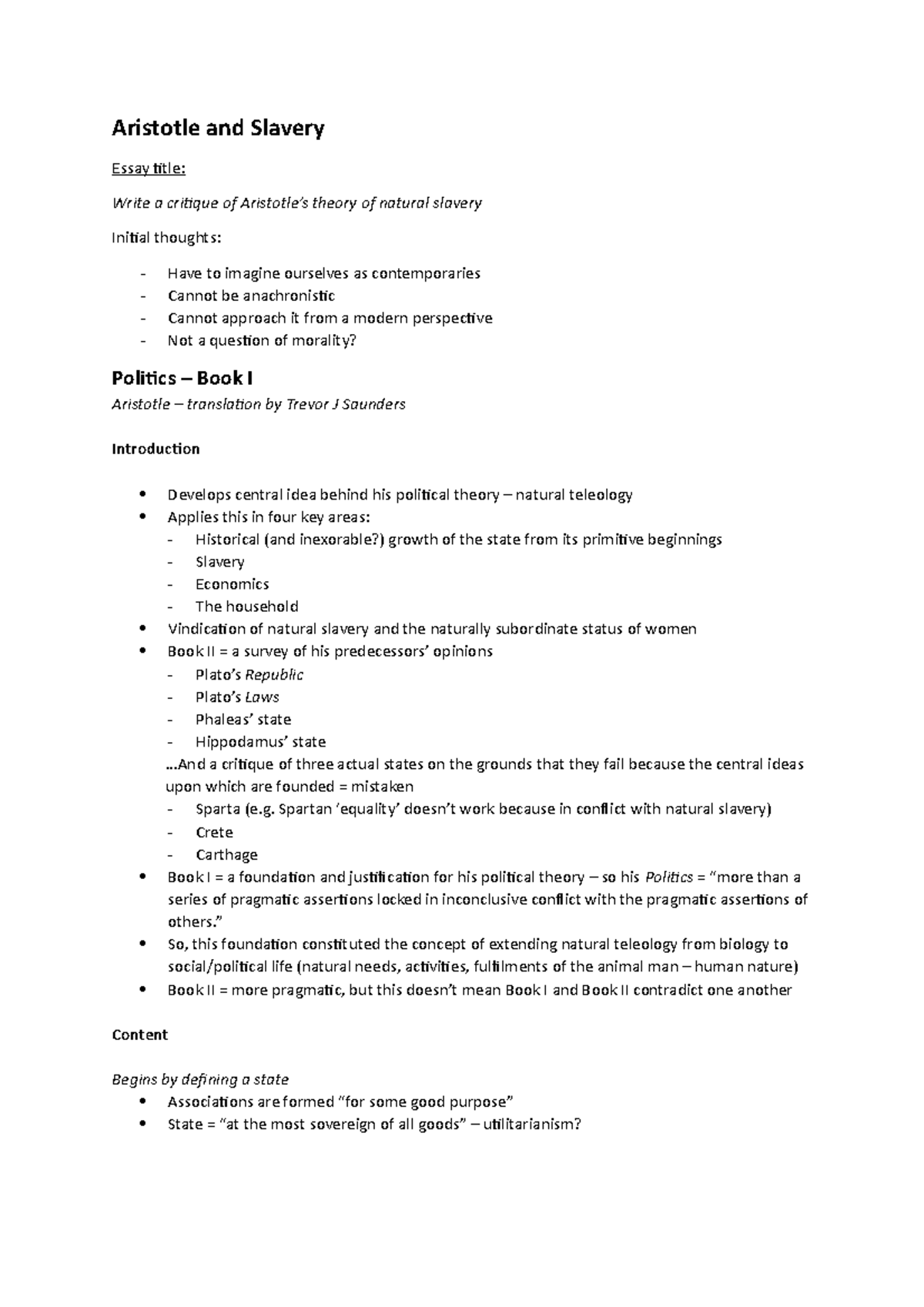 Reading notes aristotle and slavery - Aristotle and Slavery Essay itle ...