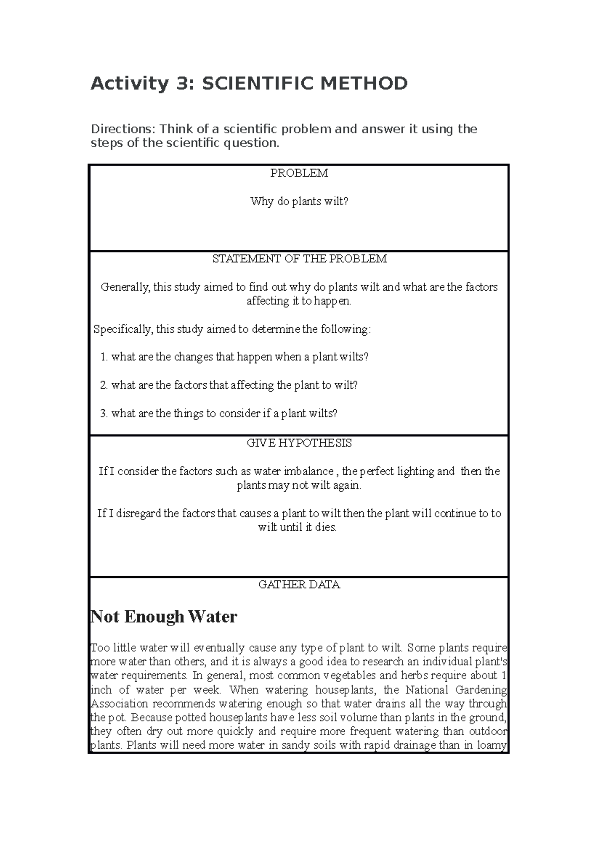 Activity 3 - Activity 3: SCIENTIFIC METHOD Directions: Think of a ...