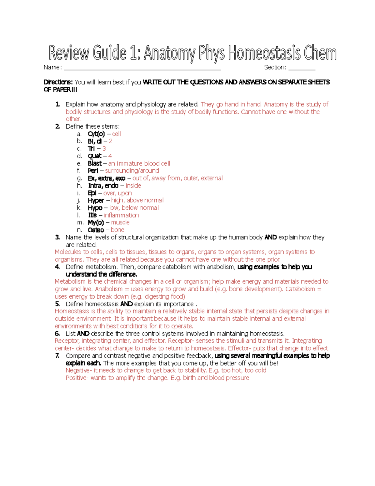Homeostasis Review Guide - Name ...