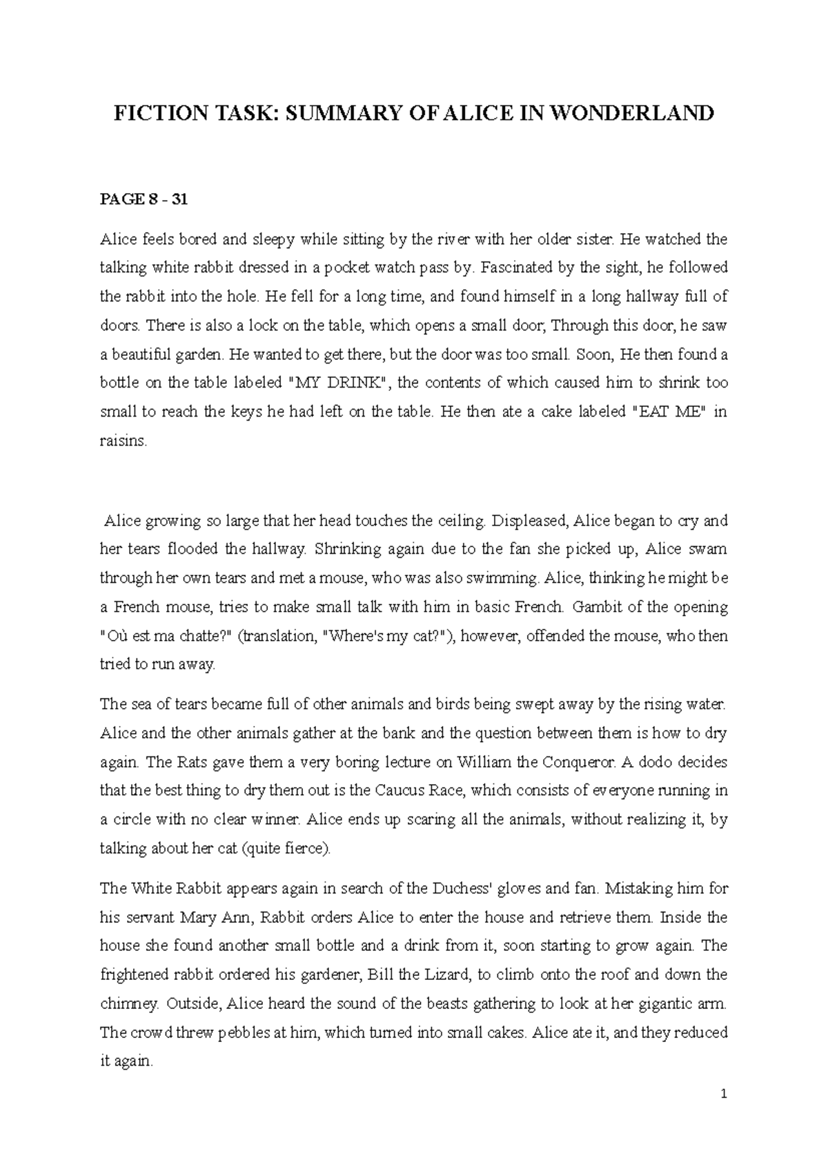 Fiction 4 - Alice in Wonderland - FICTION TASK: SUMMARY OF ALICE IN ...