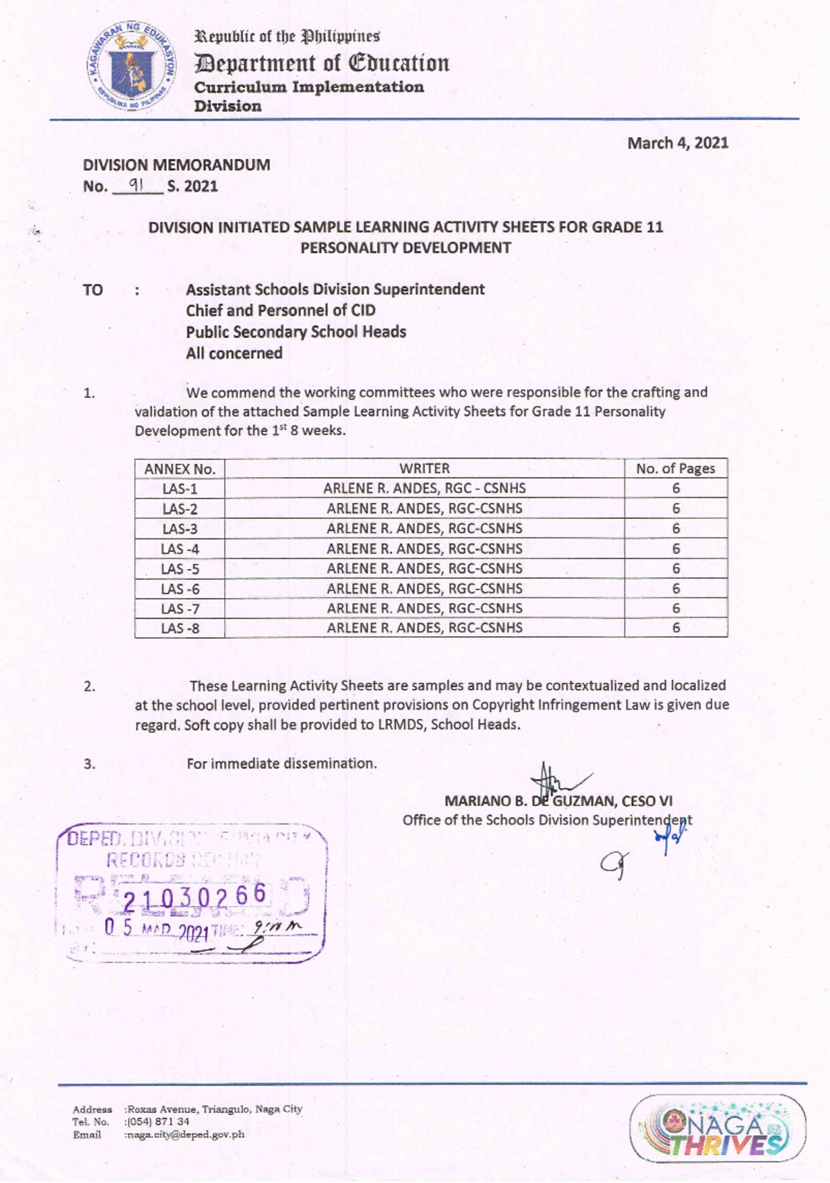 DM No 91 S 2021 Division Initiated Sample Learning Activity Sheets 