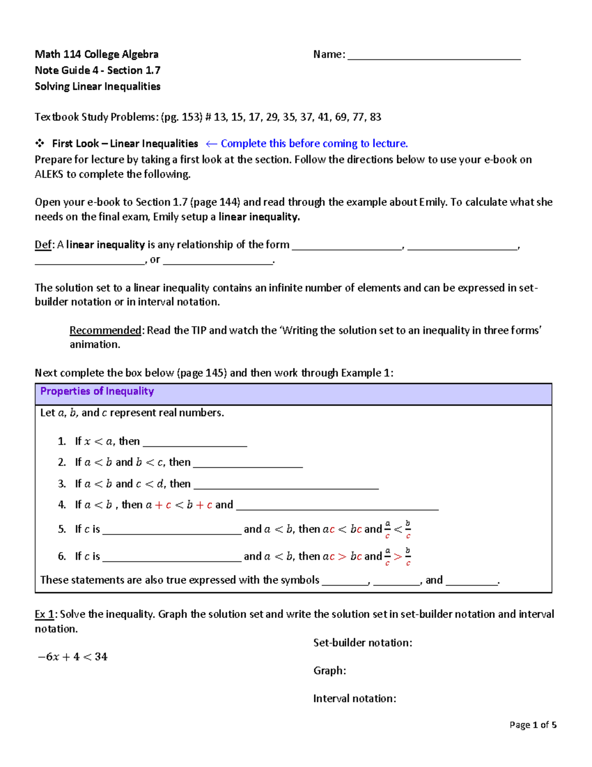NG 4 - Section 1.7 - Linear Inequalities - Math 114 College Algebra ...