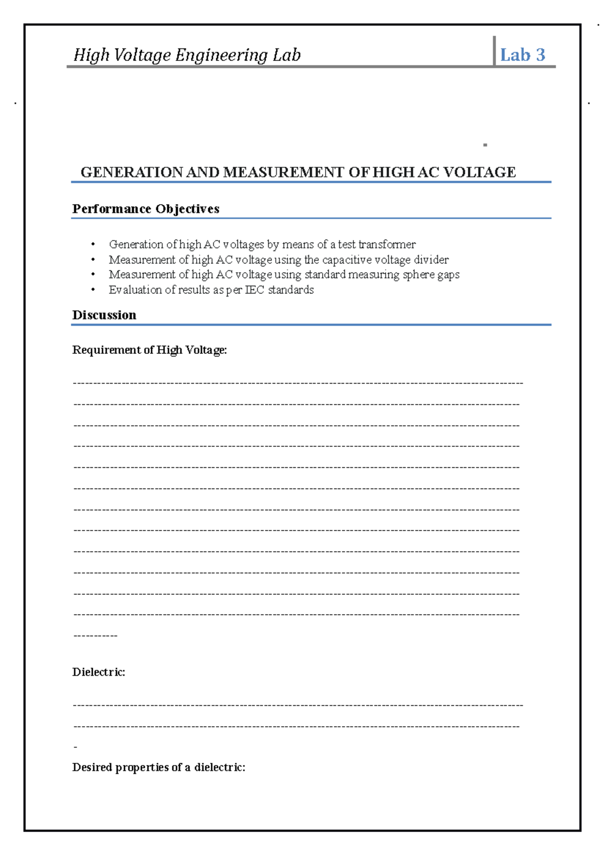 My Lab 3 HV updated - The Given document is the high voltage lab manual ...