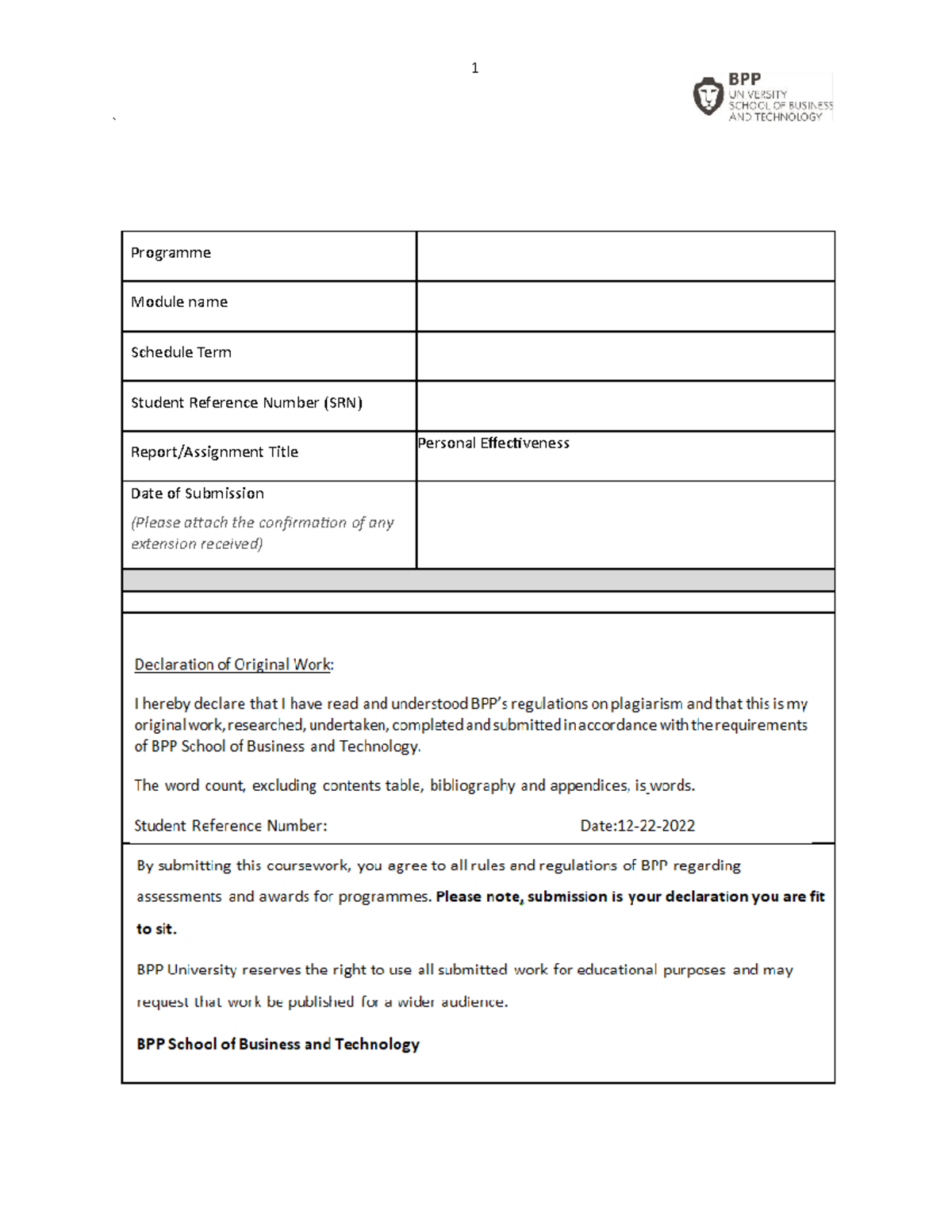 Personal Effectiveness - ` Programme Module name Schedule Term Student ...