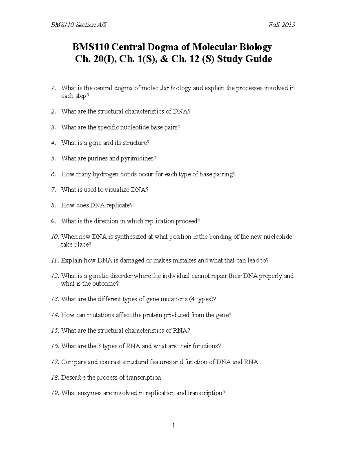 Central Dogma Study Guide - BMS110 Section A/Z Fall 2013 BMS110 Central ...