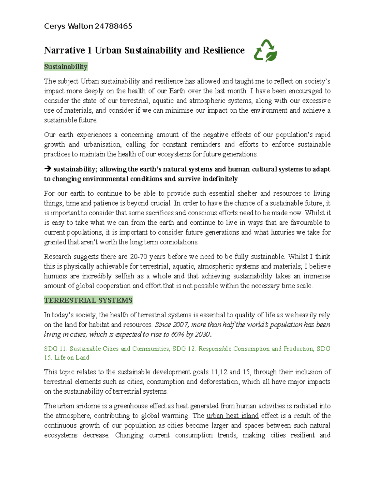Narrative 1 Urban Sustainability and Resilience - Cerys Walton 24788465 ...