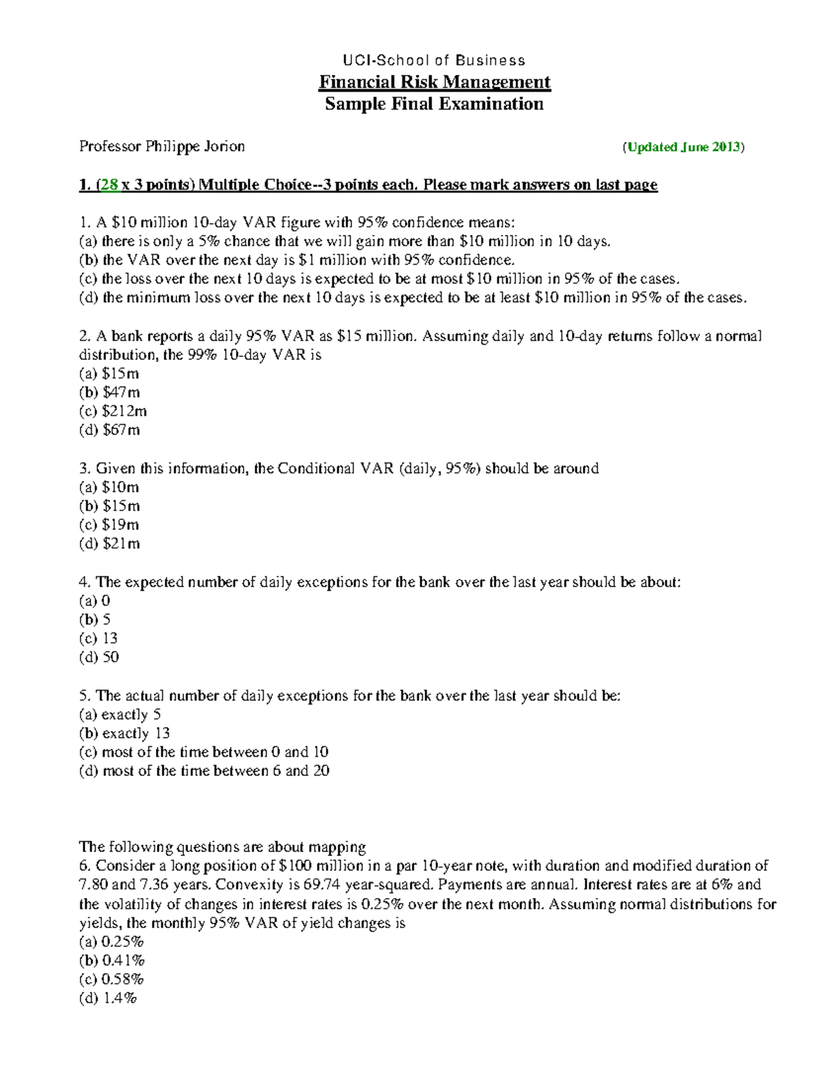 Financial Risk and Management Exam califonia - Development finance ...