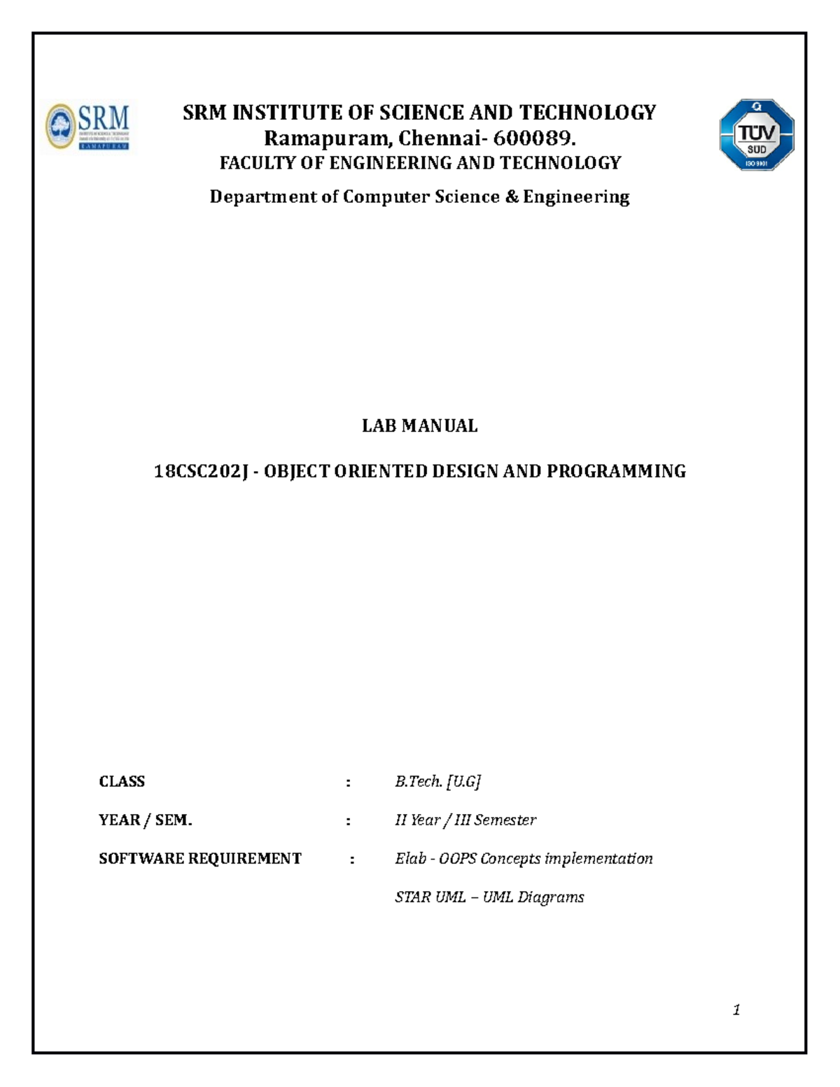 Lab Manual OODP - SRM INSTITUTE OF SCIENCE AND TECHNOLOGY Ramapuram ...