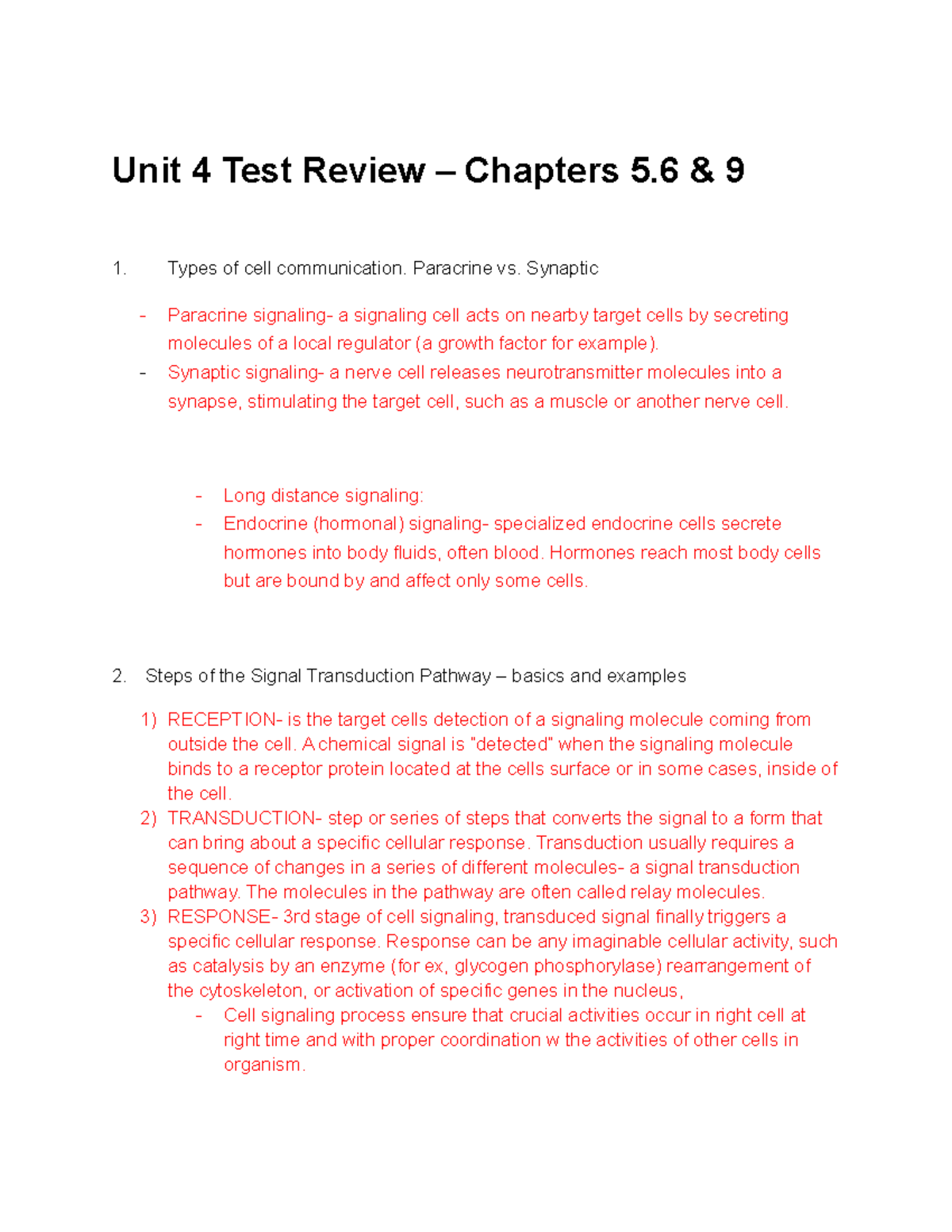 Test review - study notes - Unit 4 Test Review – Chapters 5 & 9 Types ...