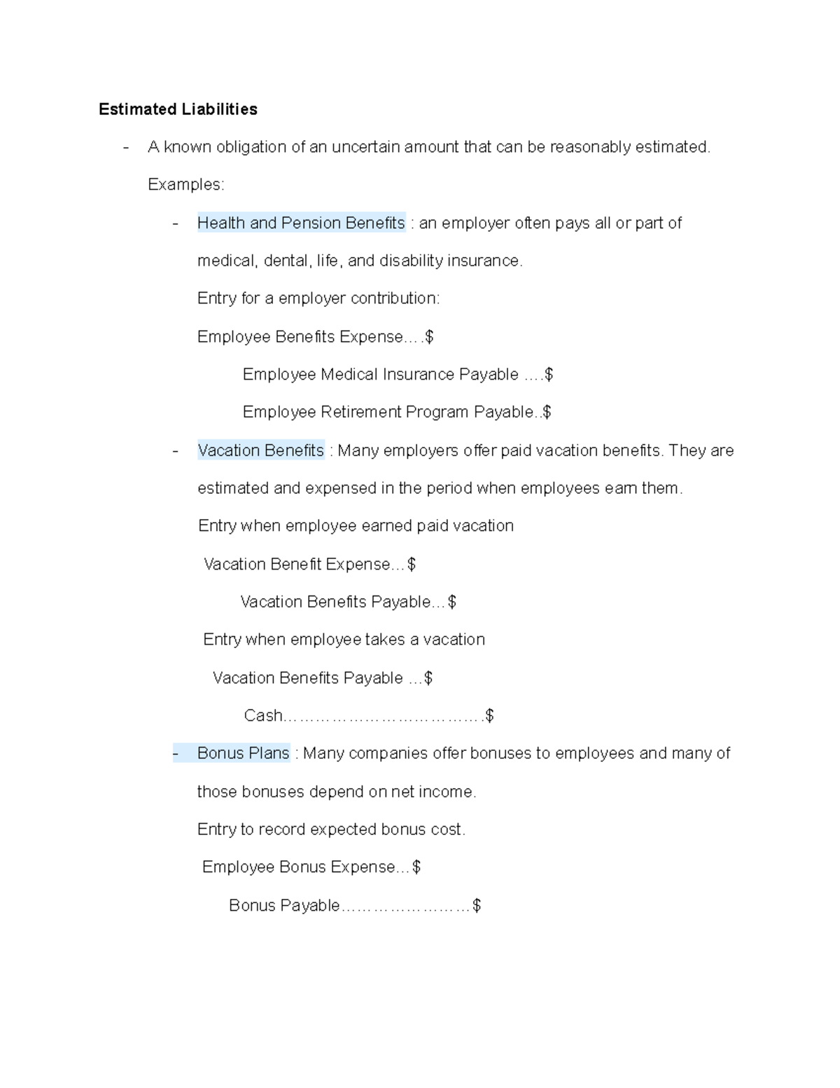 Estimated Liabilities - Examples: - Health and Pension Benefits : an ...